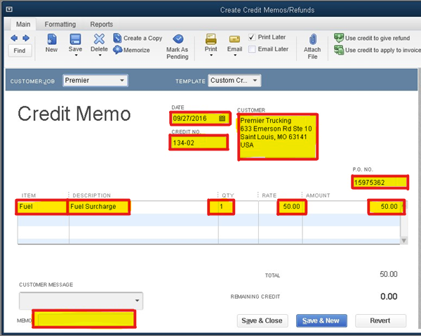 Credit Memo Export Details